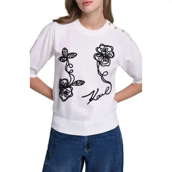Karl Lagerfeld Paris Floral Stitch Short Sleeve Cotton Blend Sweater - Soft White/black