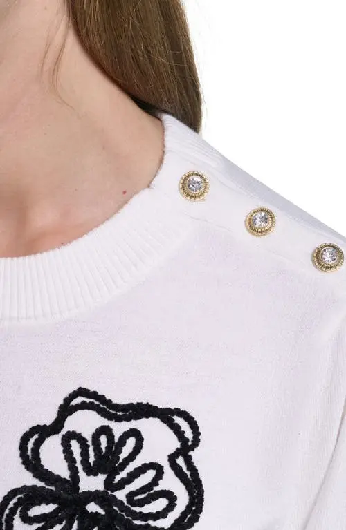 Karl Lagerfeld Paris Floral Stitch Short Sleeve Cotton Blend Sweater - Soft White/black