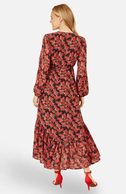 YUMI Rose Print Dipped Hemline Midi Dress