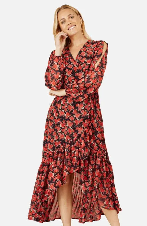 YUMI Rose Print Dipped Hemline Midi Dress