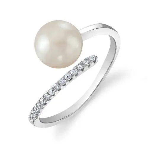 The Pearl Source Freshwater Pearl & Diamond Bypass Ring - White Gold