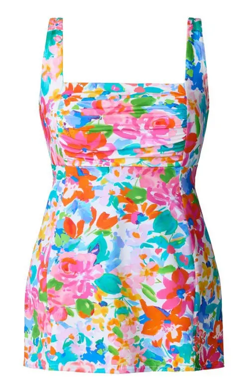 SHAPESOLVER Square Neck Princess Seam Swim Dress - Summer Splash