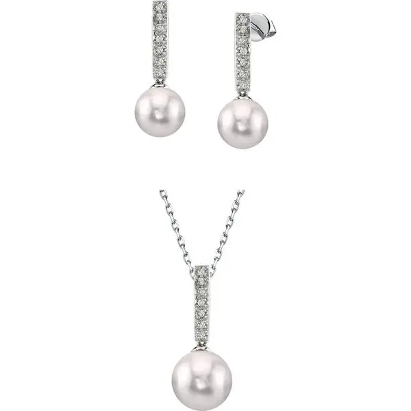 The Pearl Source Akoya Pearl And Diamond Pendant And Dangle Earrings Set - White Gold
