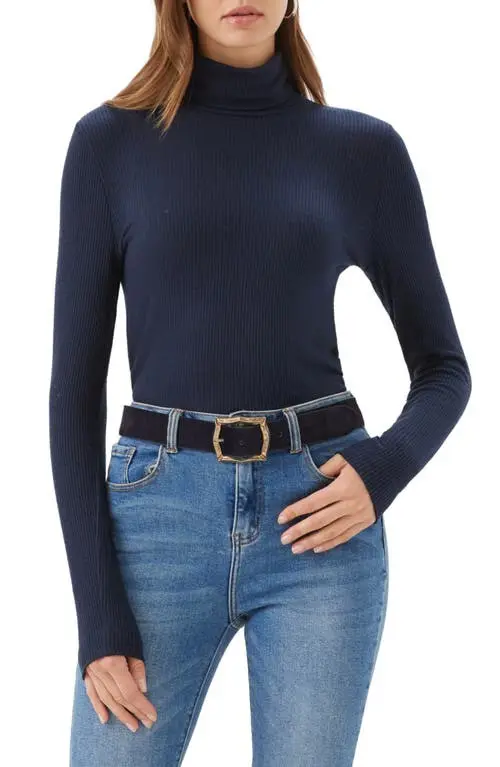 Karen Kane Ribbed Turtleneck Top - Navy