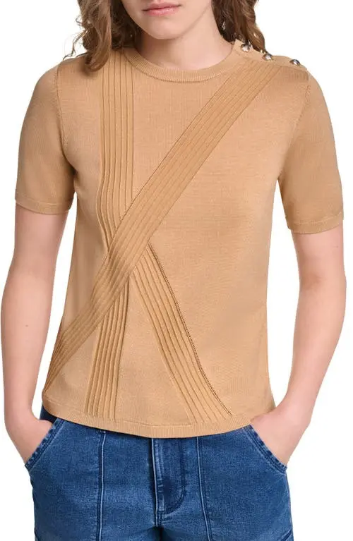 Karl Lagerfeld Paris K Short Sleeve Sweater With Shoulder Buttons - Camel