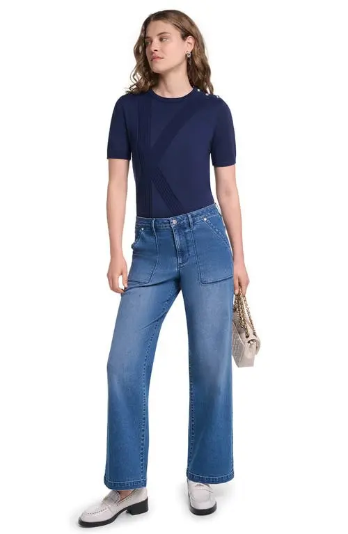 Karl Lagerfeld Paris Short Sleeve Crewneck Sweater With Shoulder Buttons - Navy