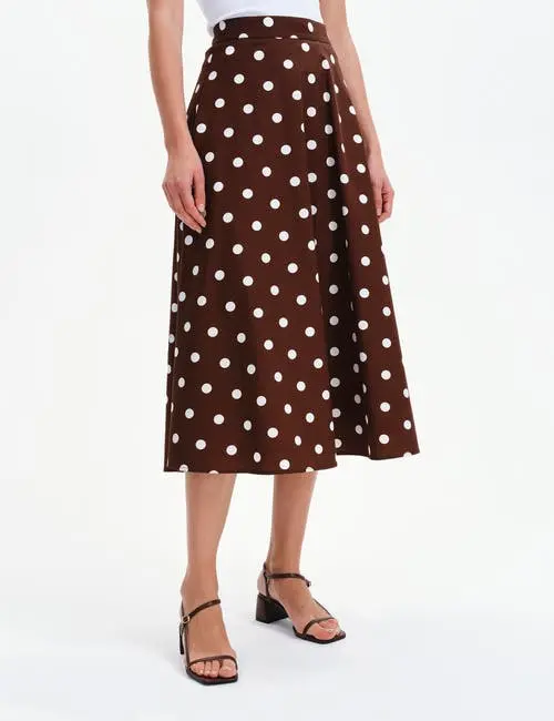 FINERY LONDON Meeka Polka Dot Cotton Midi Skirt - Brown Spot