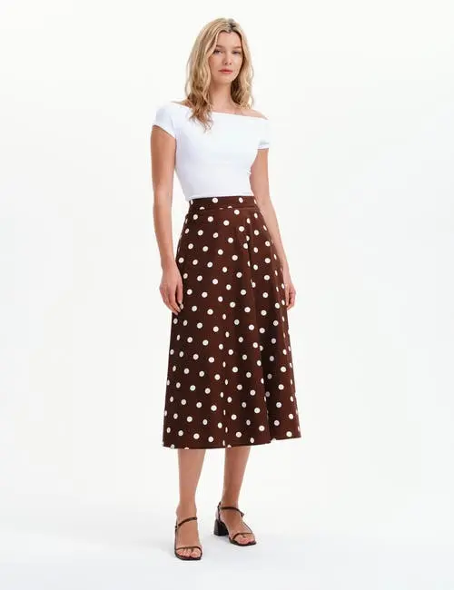 FINERY LONDON Meeka Polka Dot Cotton Midi Skirt - Brown Spot