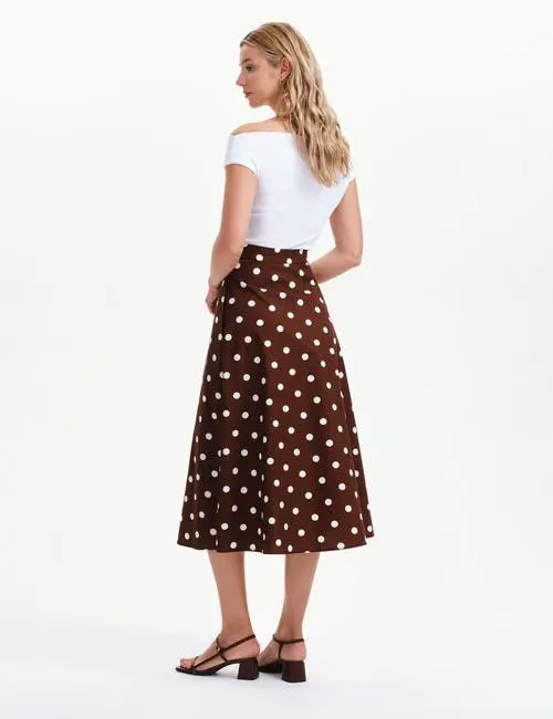 FINERY LONDON Meeka Polka Dot Cotton Midi Skirt - Brown Spot
