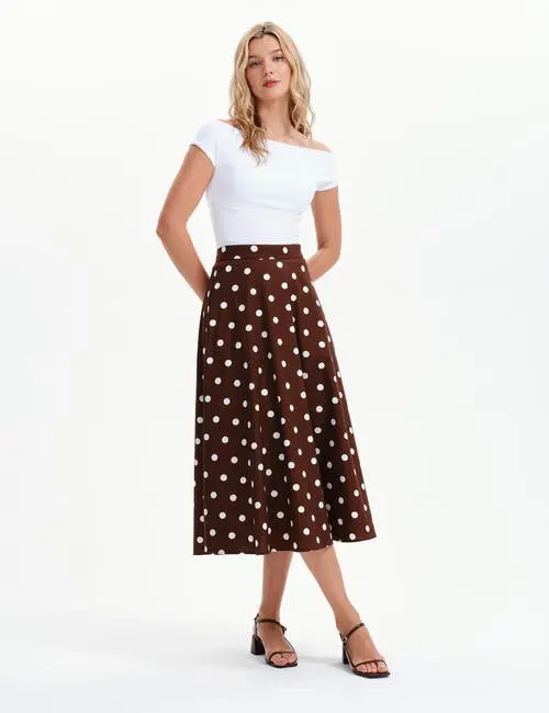 FINERY LONDON Meeka Polka Dot Cotton Midi Skirt - Brown Spot