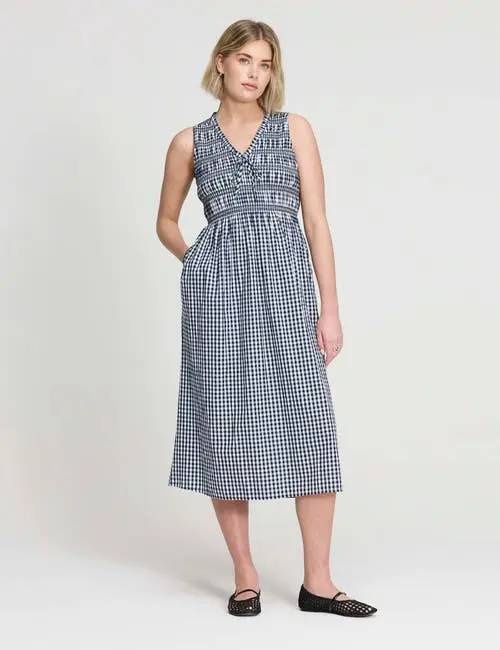FINERY LONDON Petite Hadlee Gingham Shirred Midi Dress