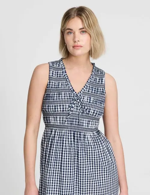 FINERY LONDON Petite Hadlee Gingham Shirred Midi Dress