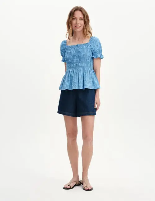 FINERY LONDON Cynthia Shirred Gingham Seersucker Top