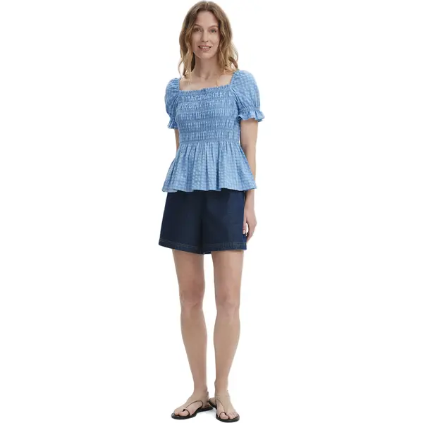 FINERY LONDON Cynthia Shirred Gingham Seersucker Top - Blue
