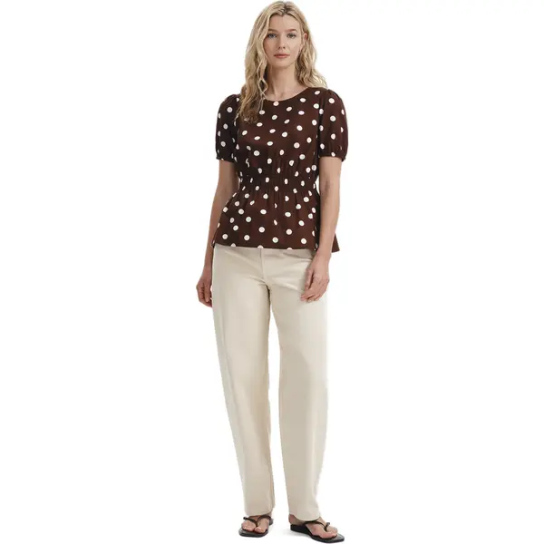 FINERY LONDON Raya Polka Dot Puff Sleeve Top - Brown Spot