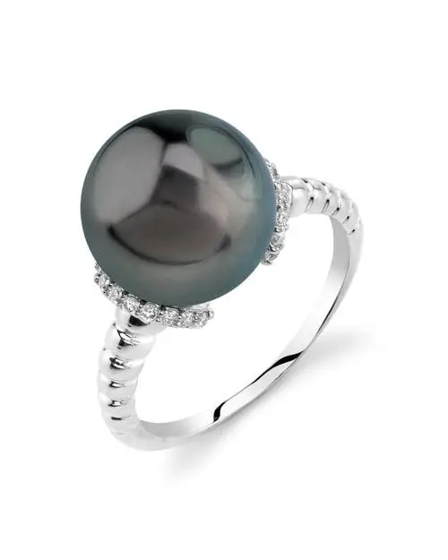 The Pearl Source Tahitian South Sea Pearl And Diamond Ring In 14k Gold - White Gold