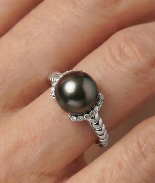 The Pearl Source Tahitian South Sea Pearl And Diamond Ring In 14k Gold - White Gold
