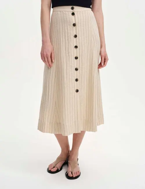 FINERY LONDON Frances Stripe Button Through Midi Skirt - Beige Stripe