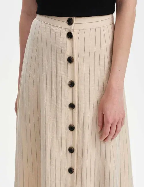 FINERY LONDON Frances Stripe Button Through Midi Skirt - Beige Stripe