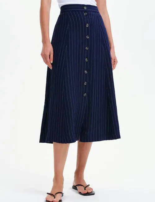 FINERY LONDON Frances Stripe Button Through Midi Skirt - Navy Stripe