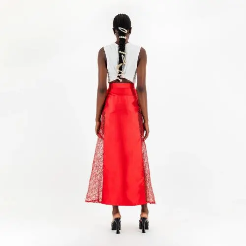 UCHÈ Uché Denim Maxi Skirt With Sequin Lace Panels