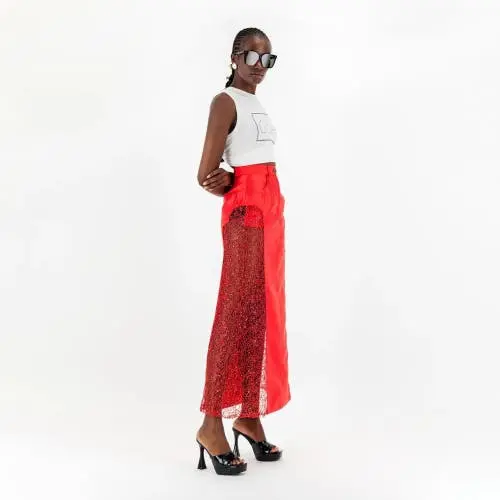 UCHÈ Uché Denim Maxi Skirt With Sequin Lace Panels
