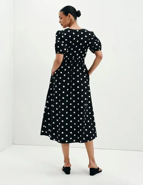 FINERY LONDON Addison Polka Dot Cotton Midi Dress - Black Spot
