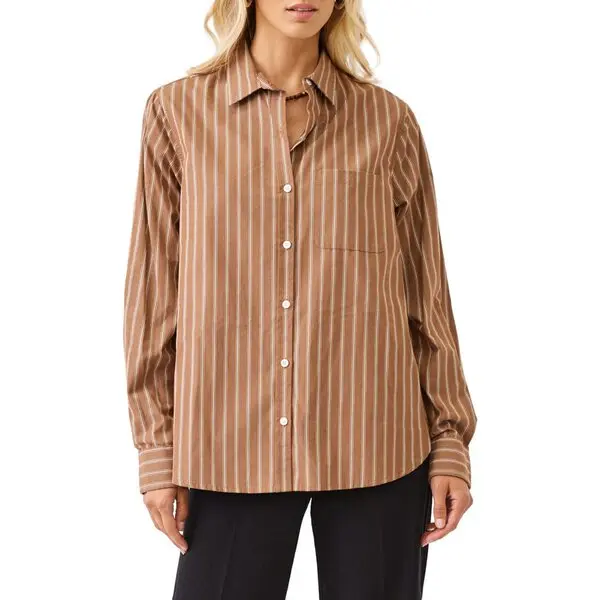 Karen Kane Striped Button-up Shirt - Mocha