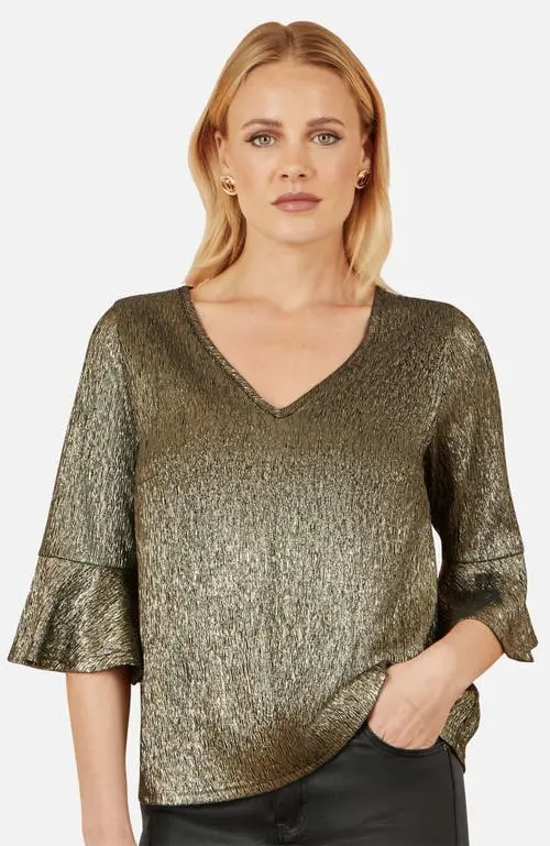 YUMI Fluted Sleeve Metallic Stretch Top