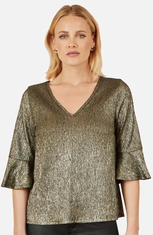 YUMI Fluted Sleeve Metallic Stretch Top