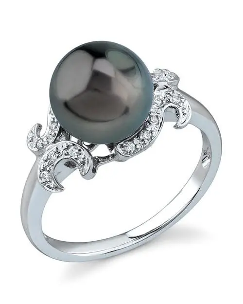 The Pearl Source Tahitian South Sea Pearl Crown Jewel Ring With Diamonds - White Gold
