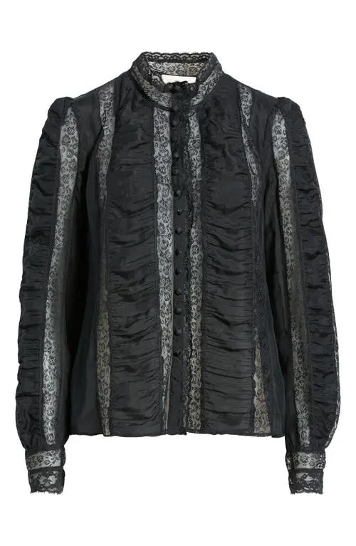 LoveShackFancy Jacque Lace Silk Paneled Button-up Shirt - Black