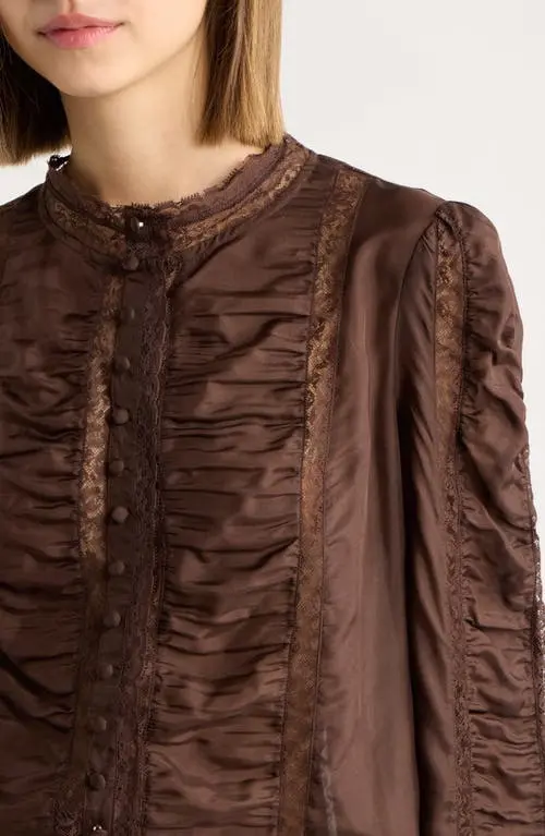 LoveShackFancy Jacque Lace Paneled Silk Button-up Shirt - Midnight Mocha