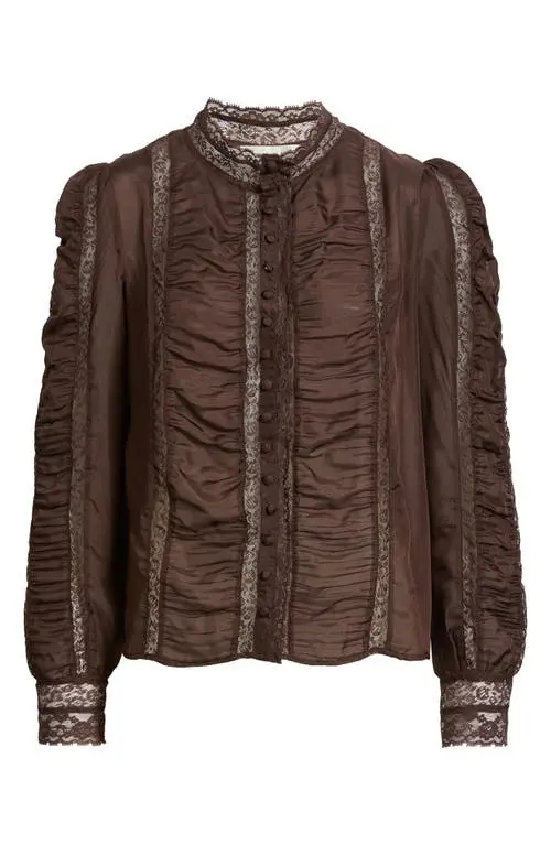 LoveShackFancy Jacque Lace Paneled Silk Button-up Shirt - Midnight Mocha