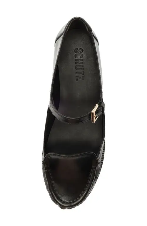 Schutz Tyla Buckle Leather Mary Jane Flat - Black