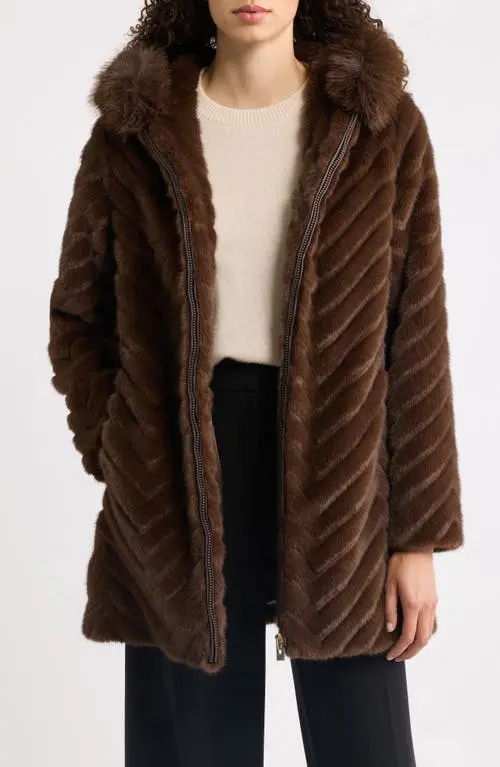 Via Spiga Faux Fur Hooded Coat - Chocolate