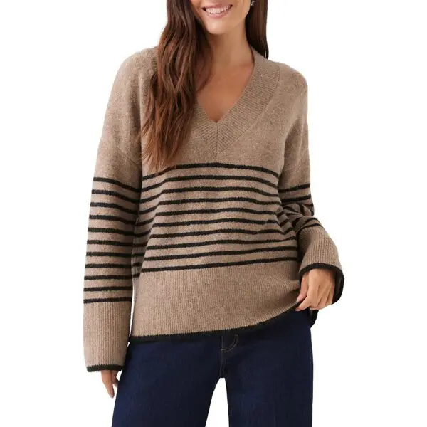 Karen Kane Stripe V-neck Sweater - Wheat/black