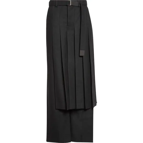 Sacai Pleated Overlay Wool Flannel Wide Leg Pants