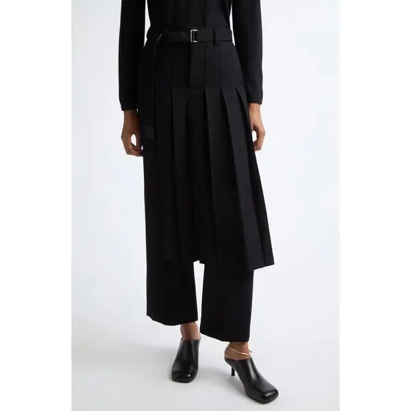 Sacai Pleated Overlay Wool Flannel Wide Leg Pants - Black
