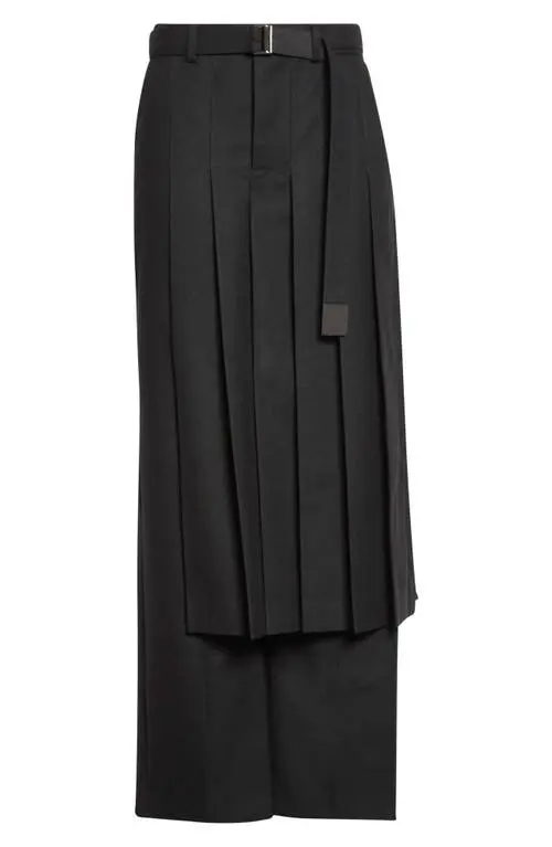 Sacai Pleated Overlay Wool Flannel Wide Leg Pants