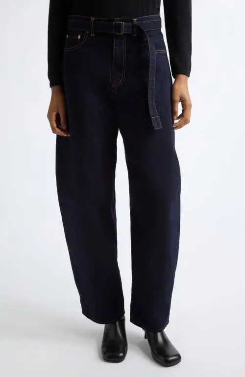 Sacai Belted High-waist Wide-leg Jeans With Contrast Stitching - Navy