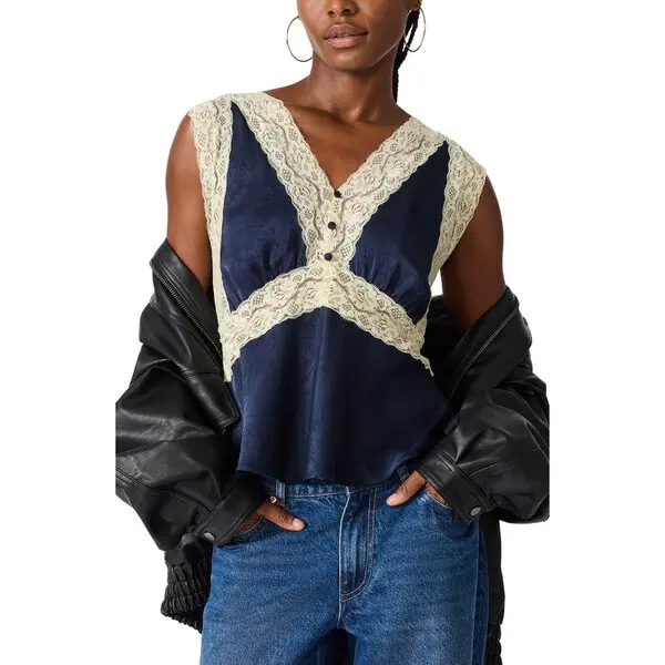 Steve Madden Elinor Lace Accent Sleeveless Peplum Top - Midnight