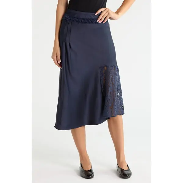 DAMSON MADDER Elea Satin And Lace Midi Skirt - Navy