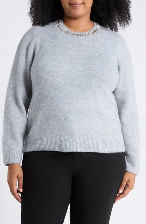 CECE DUPRAZ Embellished Neckline Pullover Sweater - Light Heather Grey
