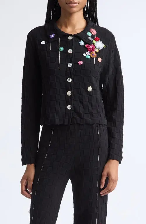YANYAN Floral Appliqué Organic Cotton Shrunken Jacket - Black