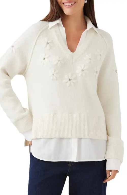 Karen Kane Embroidered Layered V-neck Sweater - Cream