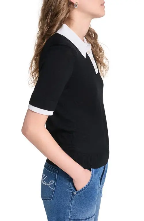 Karl Lagerfeld Paris Johnny Collar Short Sleeve Sweater - Black/soft White