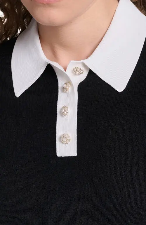 Karl Lagerfeld Paris Johnny Collar Short Sleeve Sweater - Black/soft White