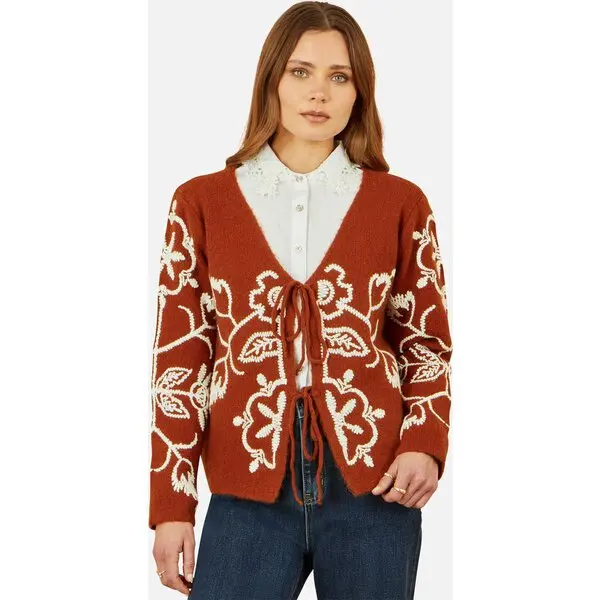 YUMI Folk Embroidered Tie Front Cardigan