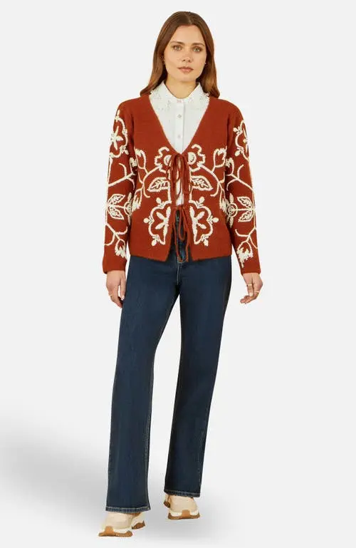 YUMI Folk Embroidered Tie Front Cardigan